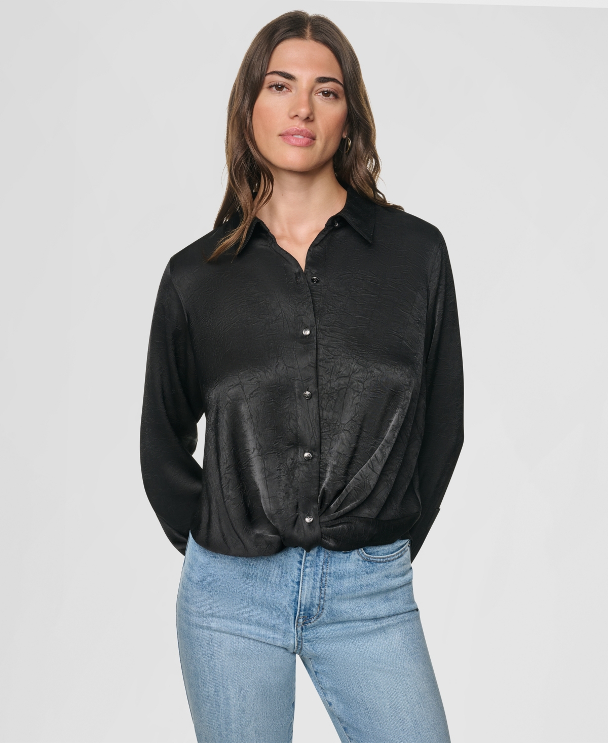 Click here for Dkny Womens Long-Sleeve Twist-Front Blouse - Black prices