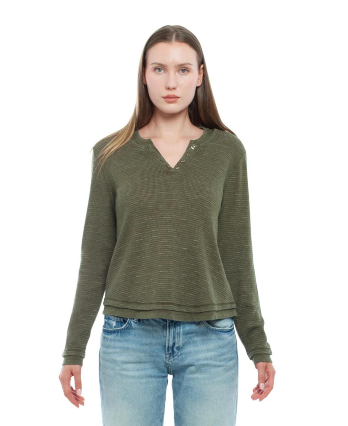 Click here for Wilt Womens Long Sleeve Henley Mock Tee - Dark oli... prices