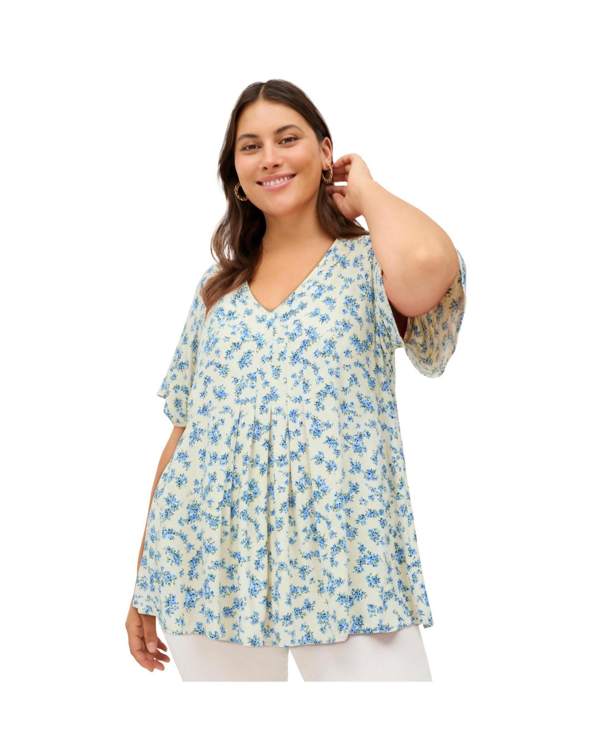 Click here for ellos Plus Size V-Neck Front Pleat Tunic - Ivory b... prices