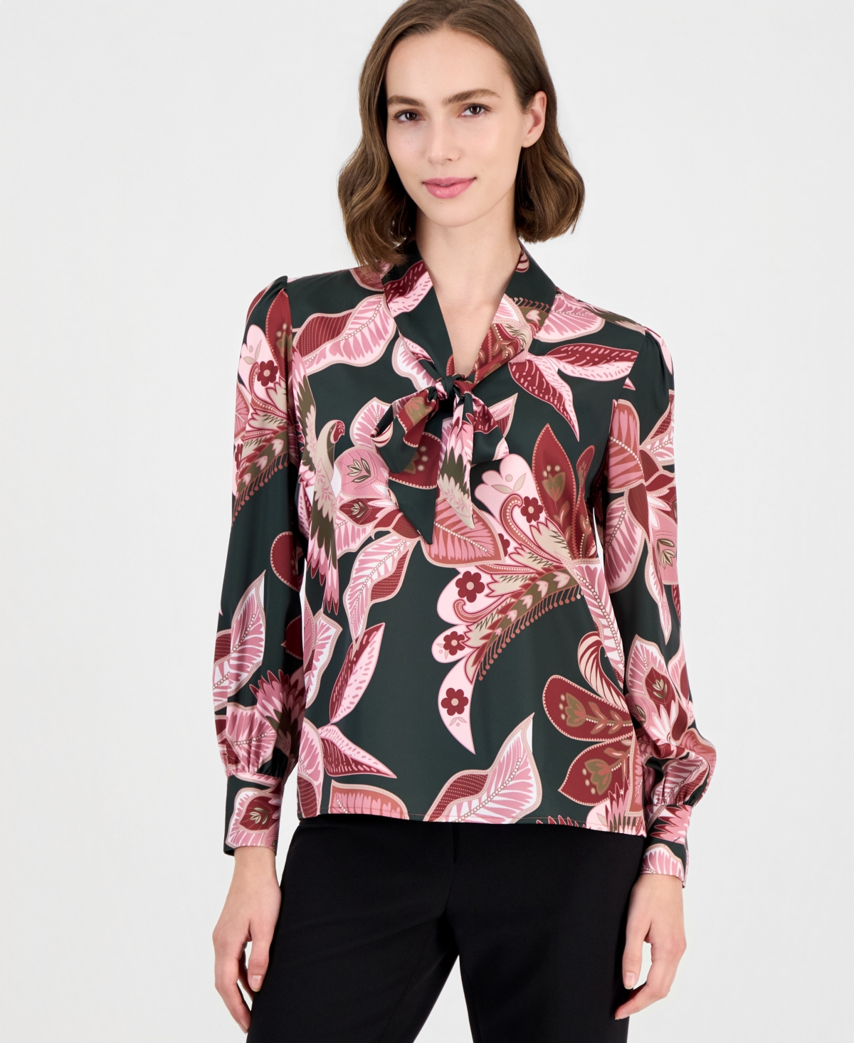 Click here for T Tahari Womens Long-Sleeve V-Neck Bow Tie Floral-... prices