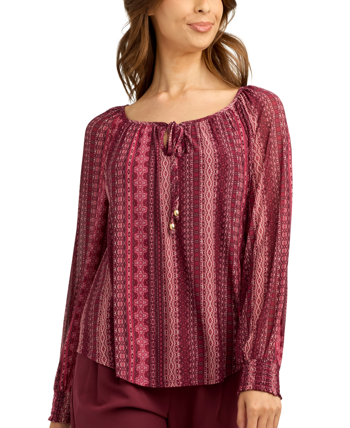 Click here for Bcx Juniors Printed Mesh Smocked-Sleeve Peasant To... prices