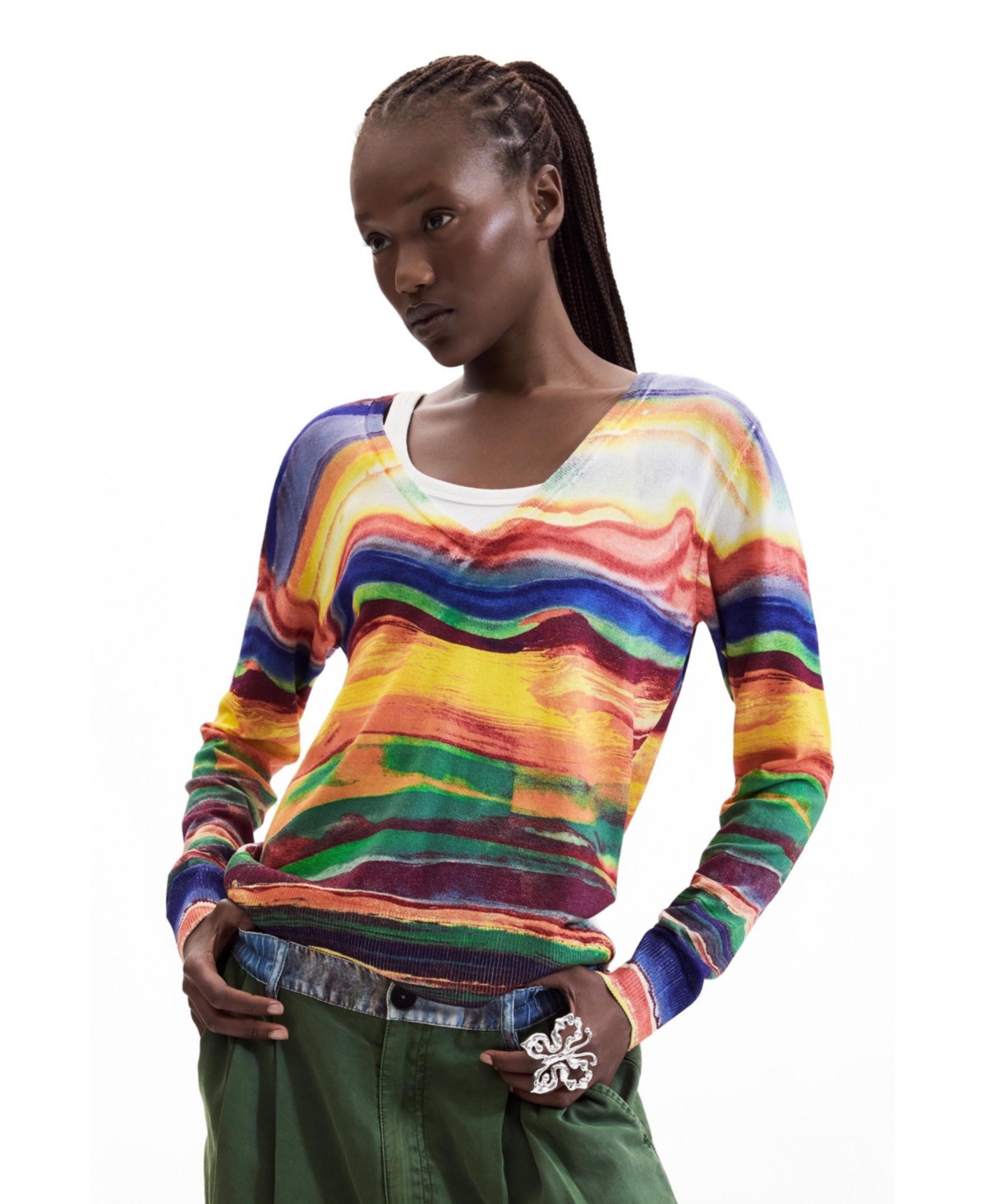 Click here for Desigual Womens Fine Knit Printed Sweater - Yellow prices
