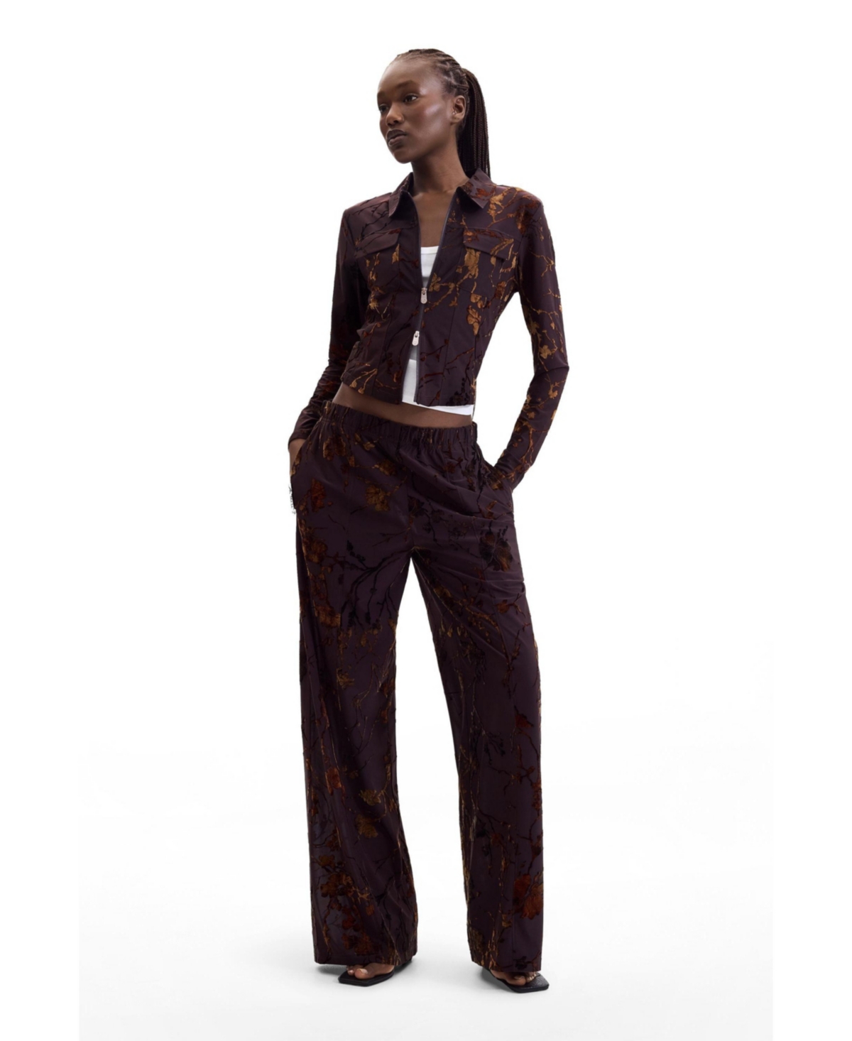 Click here for Desigual Womens Long flocked trousers - Brown prices
