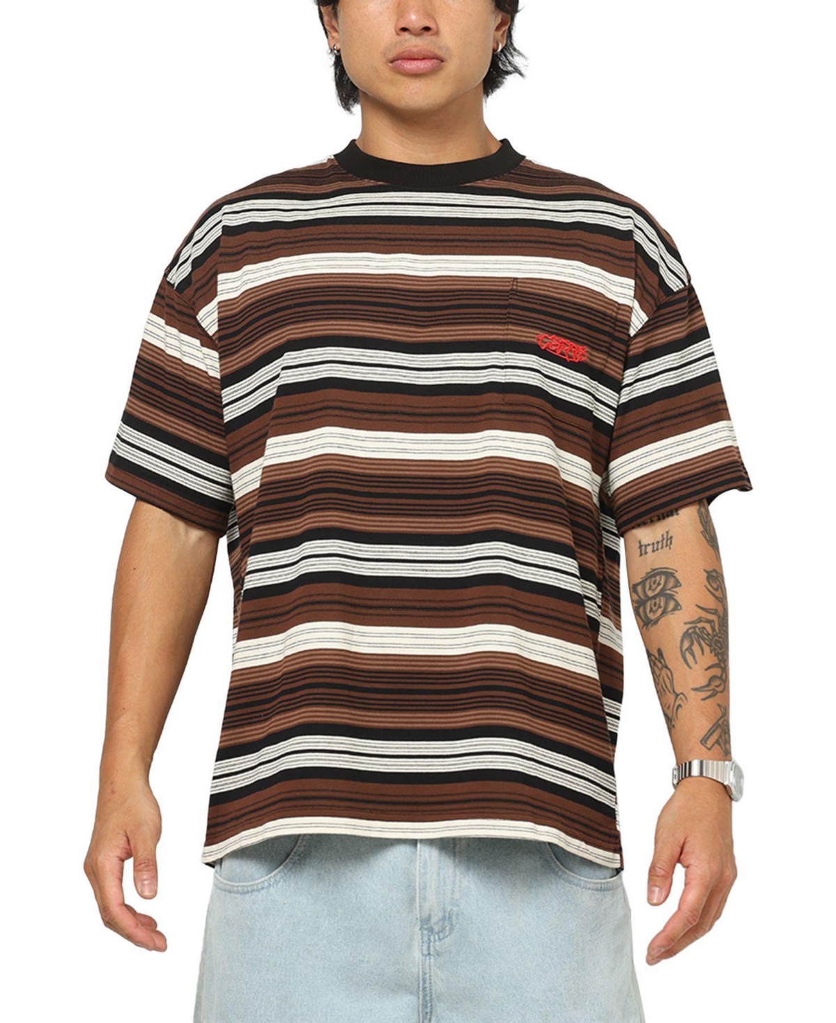 Click here for Carre Mens Striped Pocket T-Shirt - Brown prices