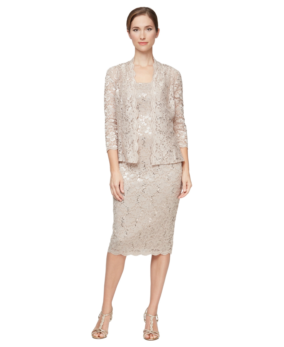 Sl Fashions 2-Pc. Lace Jacket & Midi Dress Set - Champagne