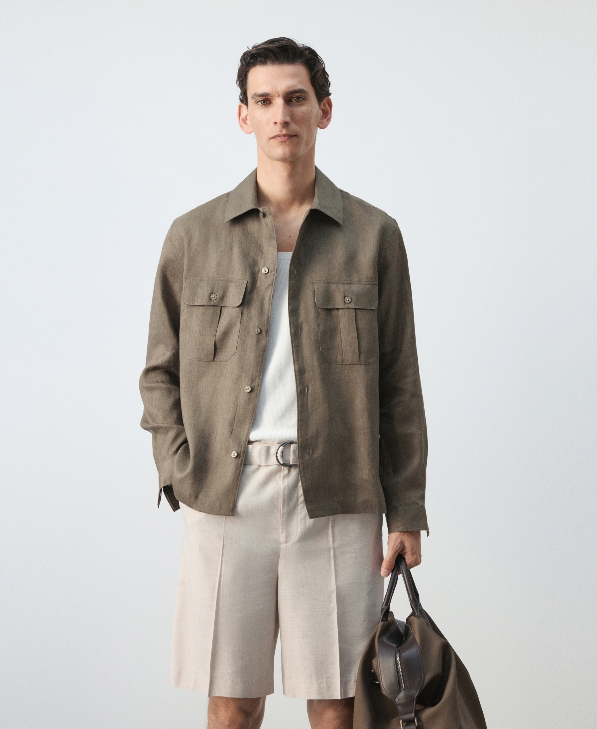 Click here for Mango Mens Regular-Fit Linen Overshirt - Mink Gray prices