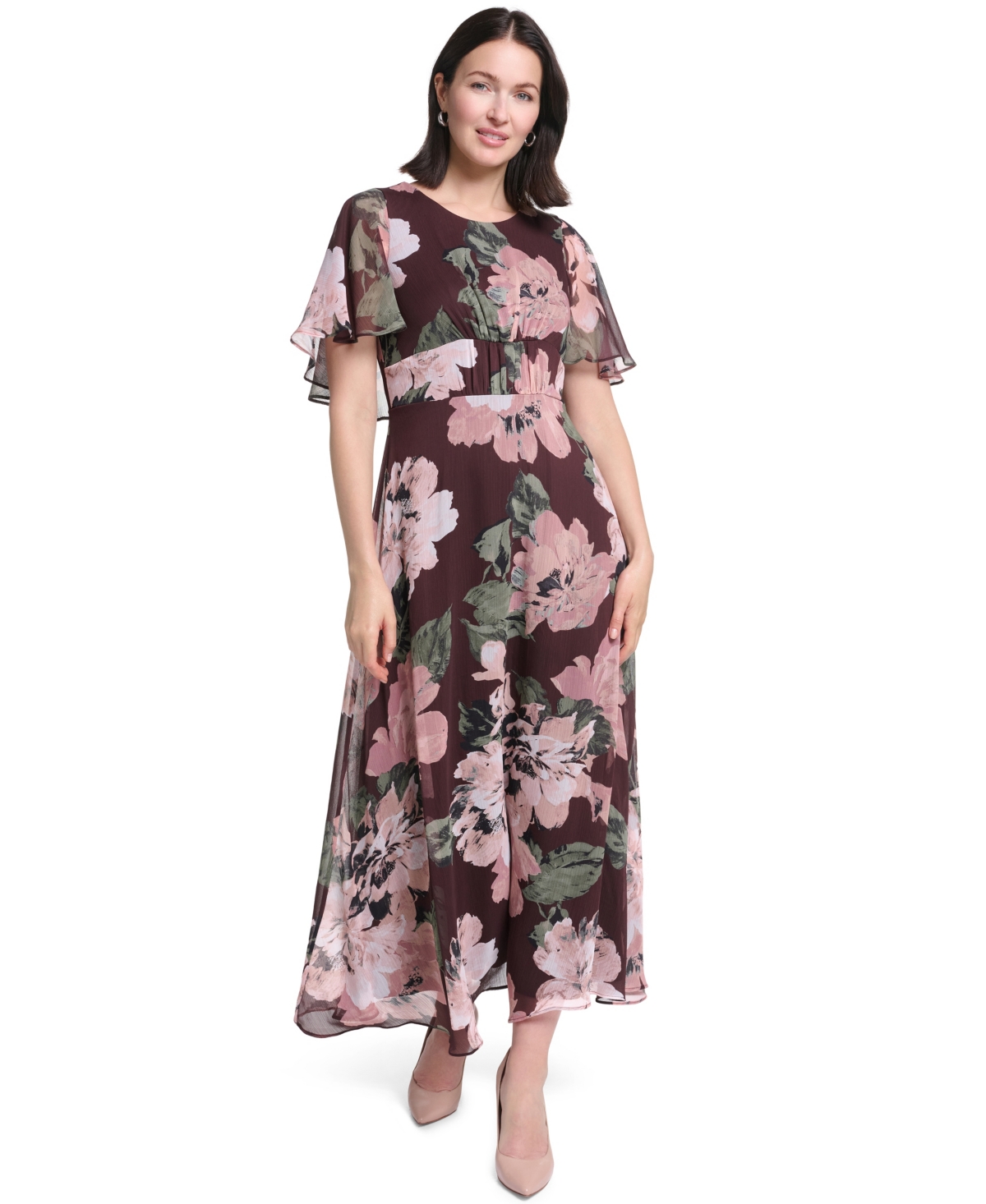 Click here for Calvin Klein Womens Flutter-Sleeve Floral Chiffon... prices