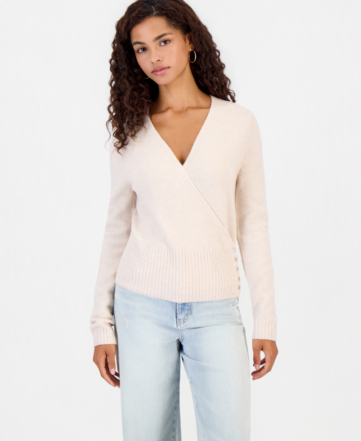Click here for Hooked Up by Iot Juniors Surplice Long-Sleeve V-Ne... prices