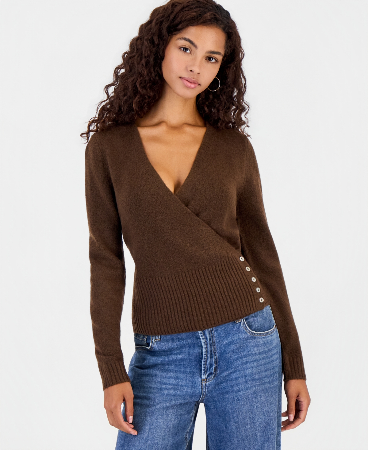 Click here for Hooked Up by Iot Juniors Surplice Long-Sleeve V-Ne... prices