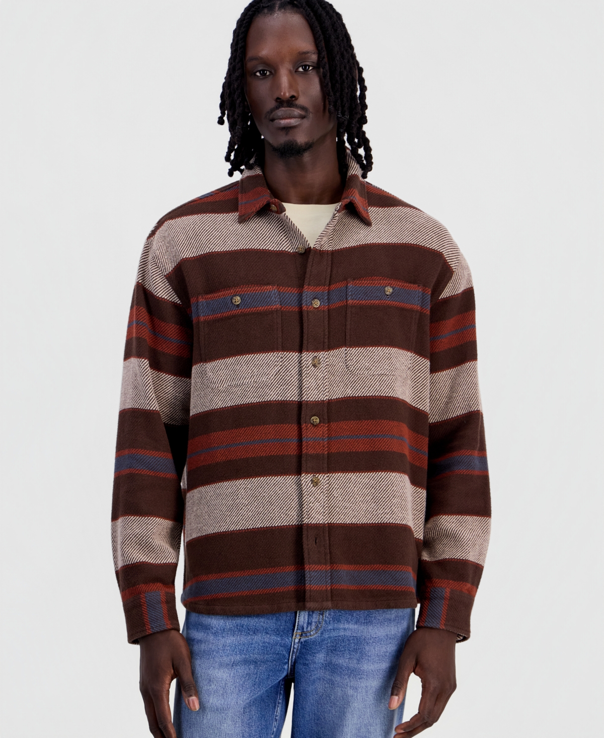 Click here for Sun + Stone Mens Jim Blanket Stripe Long-Sleeve Ov... prices