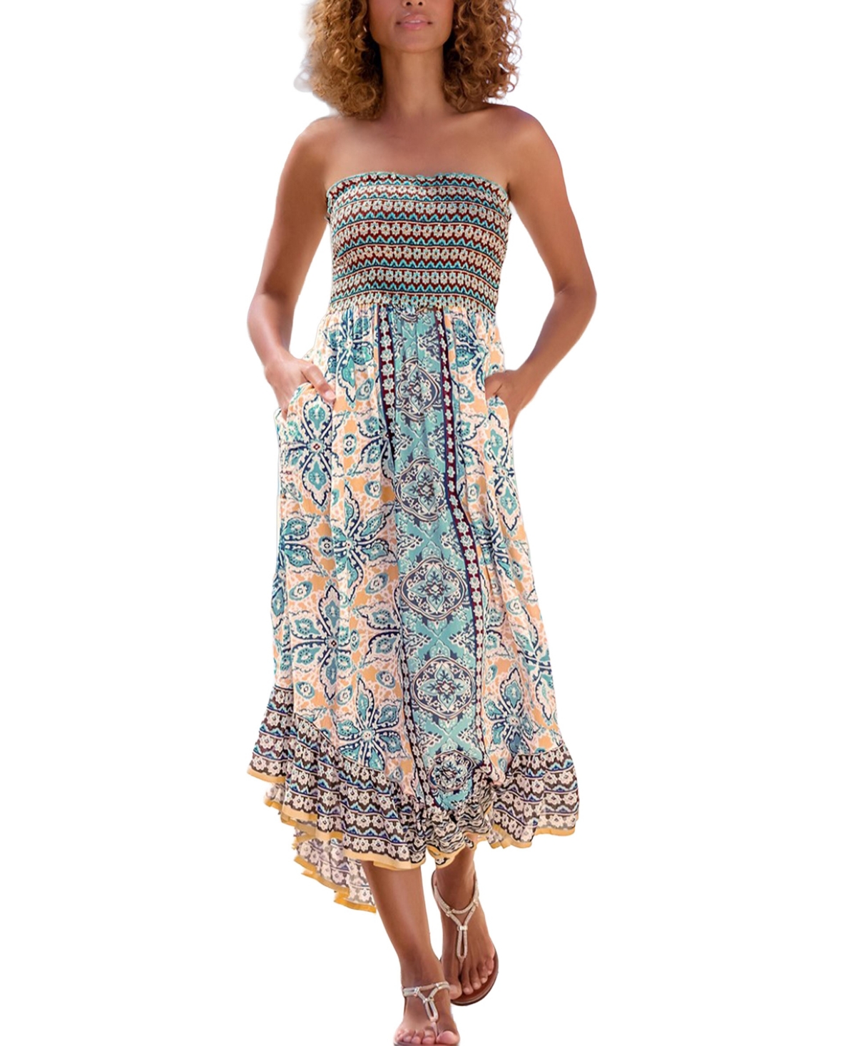 Click here for Lascana Womens Smocked Bodice Printed Dress - Blue... prices