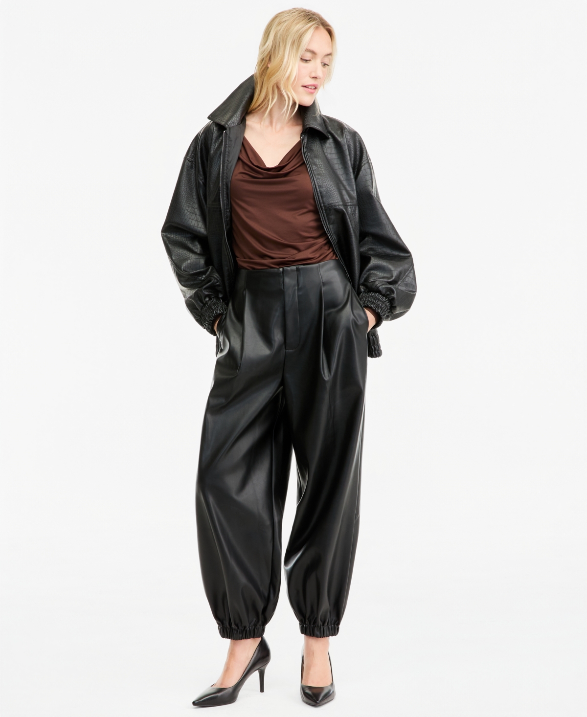 Click here for Bar Iii Womens High-Rise Pleated Faux Leather Pant... prices