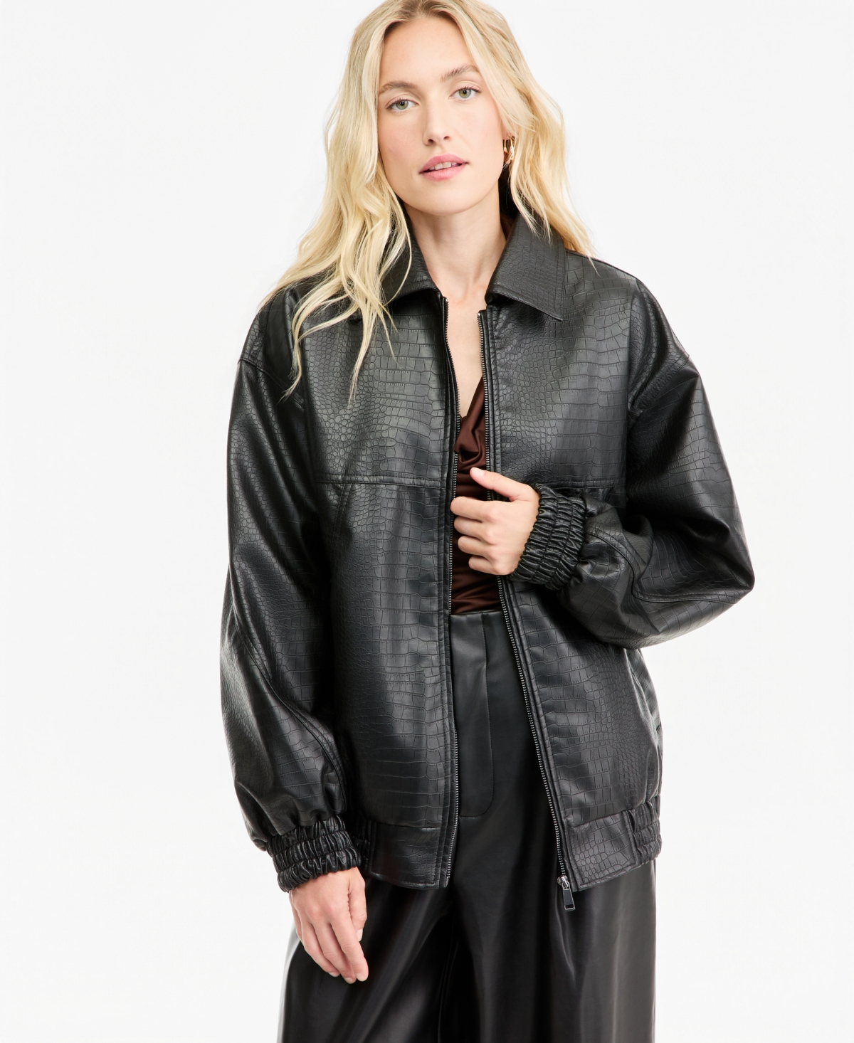 Click here for Bar Iii Womens Croc-Embossed Faux-Leather Oversize... prices