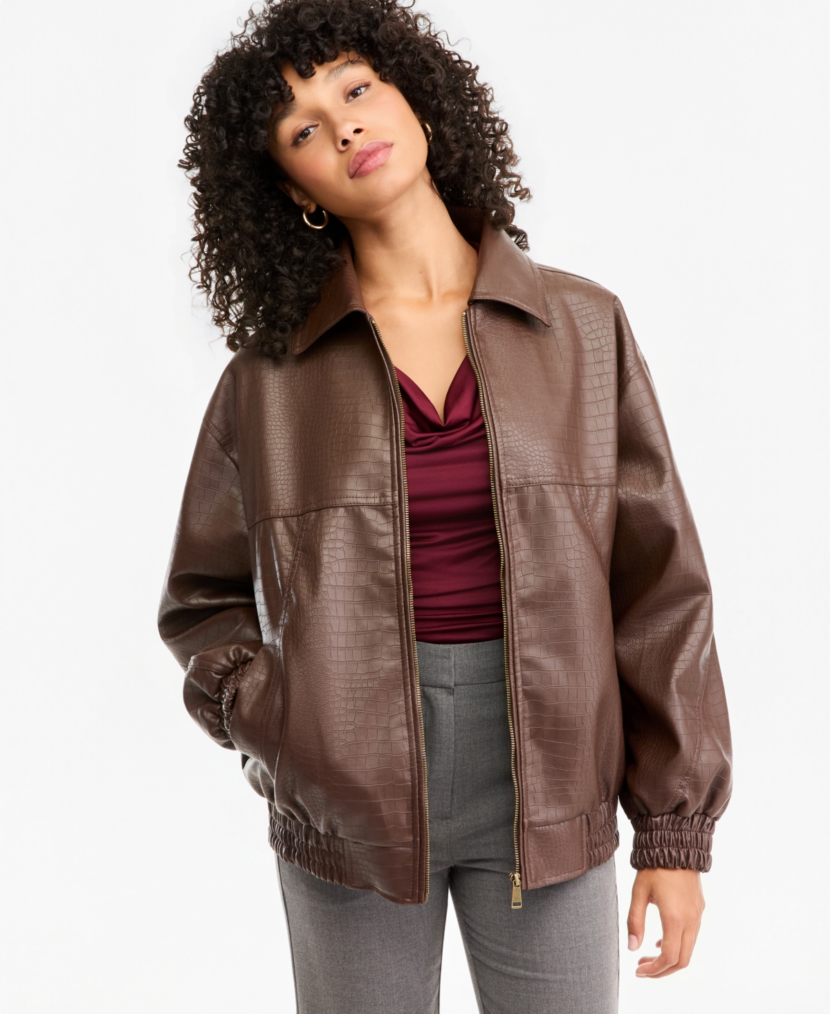 Click here for Bar Iii Womens Croc-Embossed Faux-Leather Oversize... prices