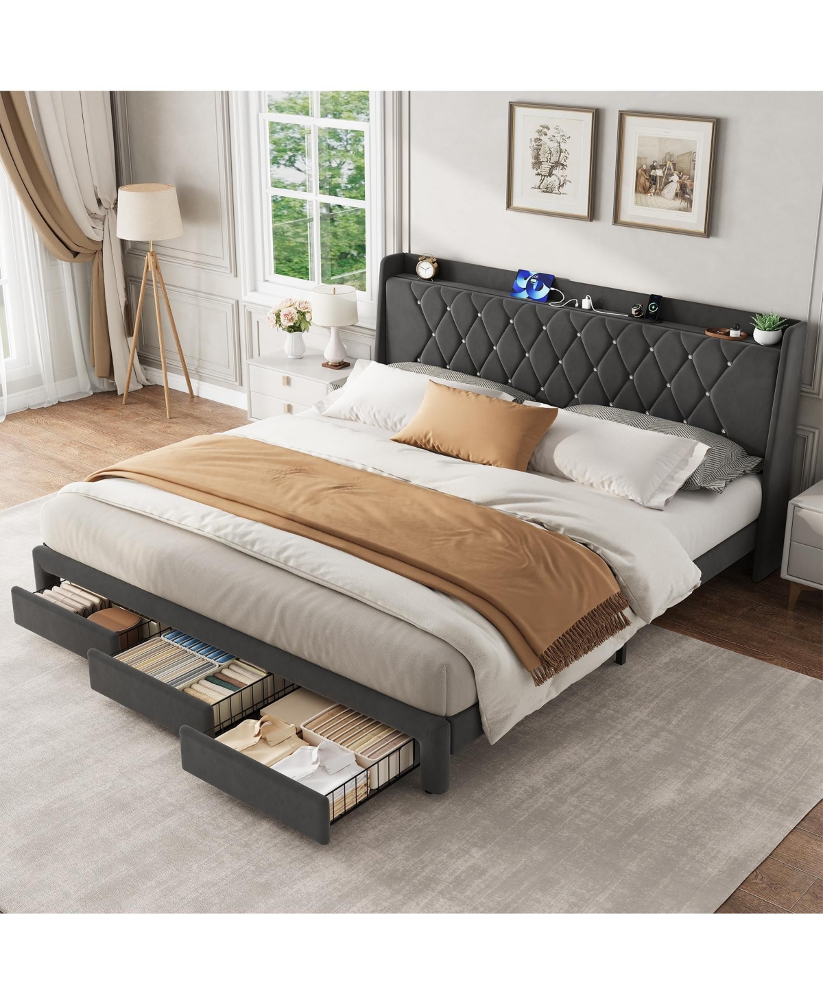 Click here for homfan Velvet Upholstered Platform Bed Frame with... prices