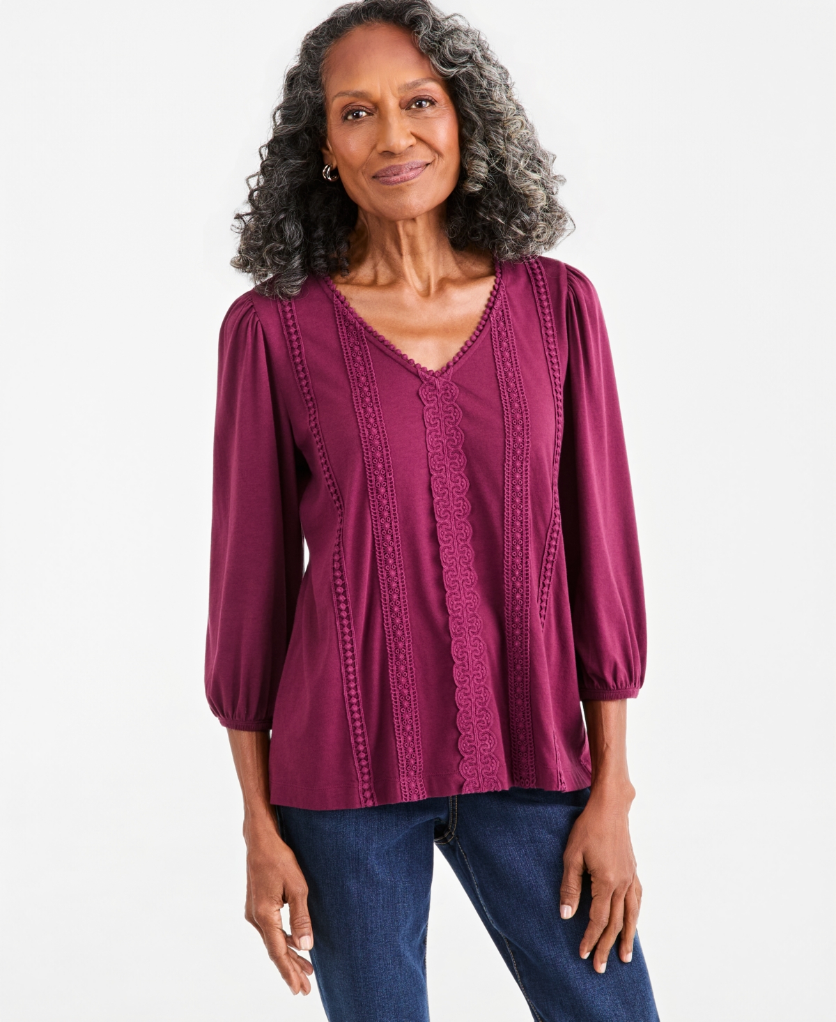 Click here for Style & Co Womens 3/4-Sleeve V-Neck Embroidery Tri... prices