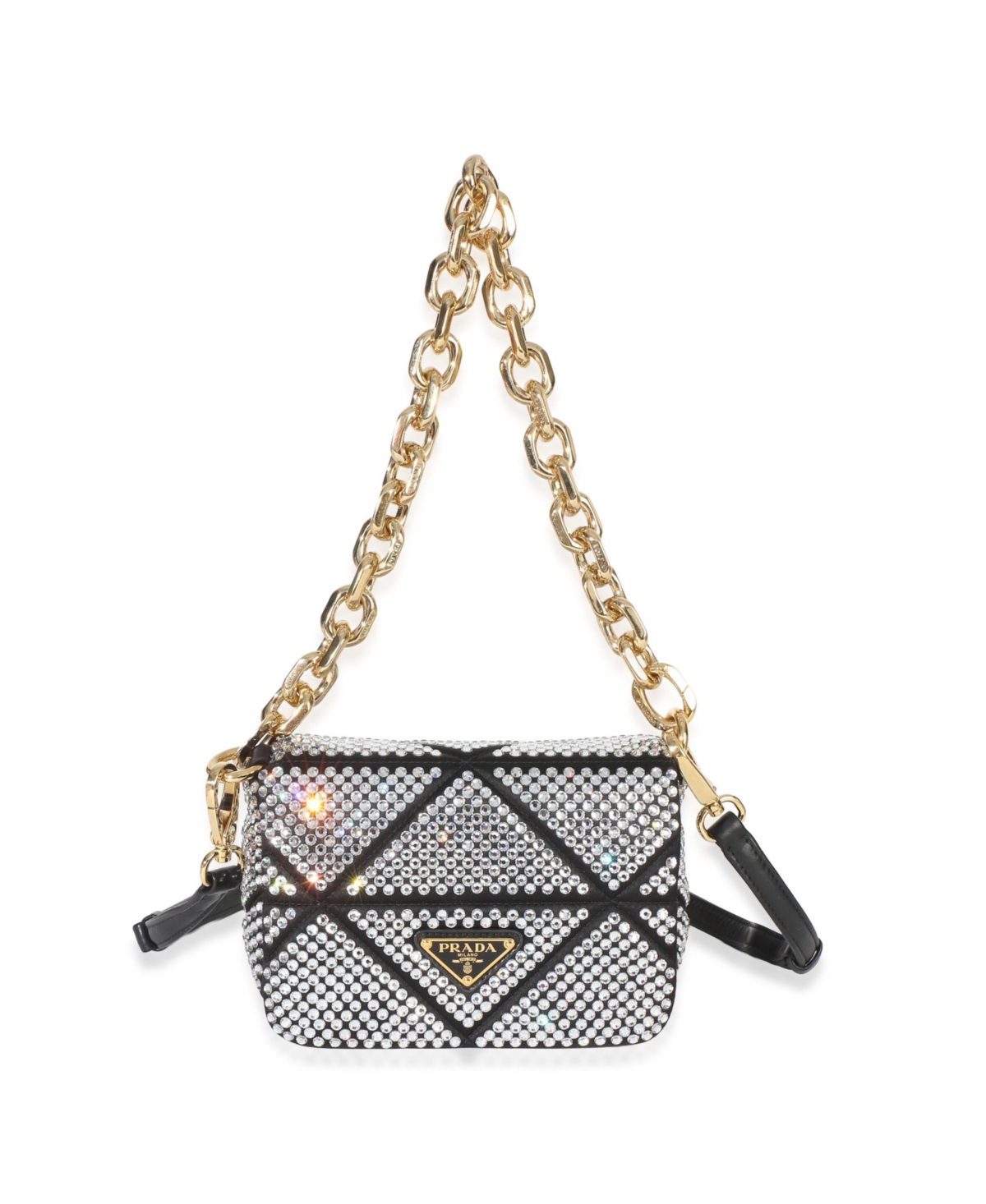 Click here for Pre-Owned Prada Black Satin Crystal Mini Chain Sho... prices