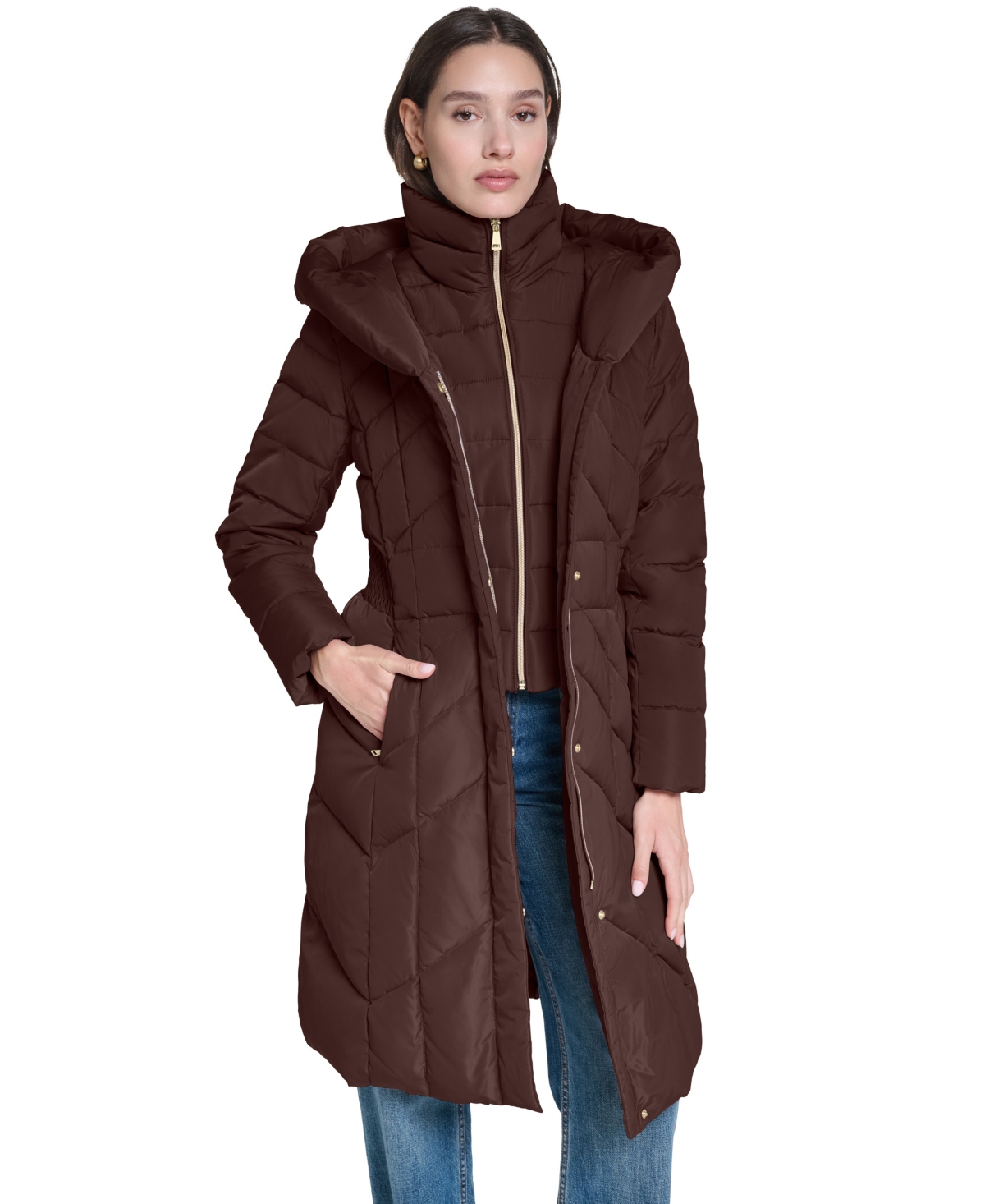Click here for Cole Haan Womens Bibbed Hooded Puffer Coat - Choco... prices