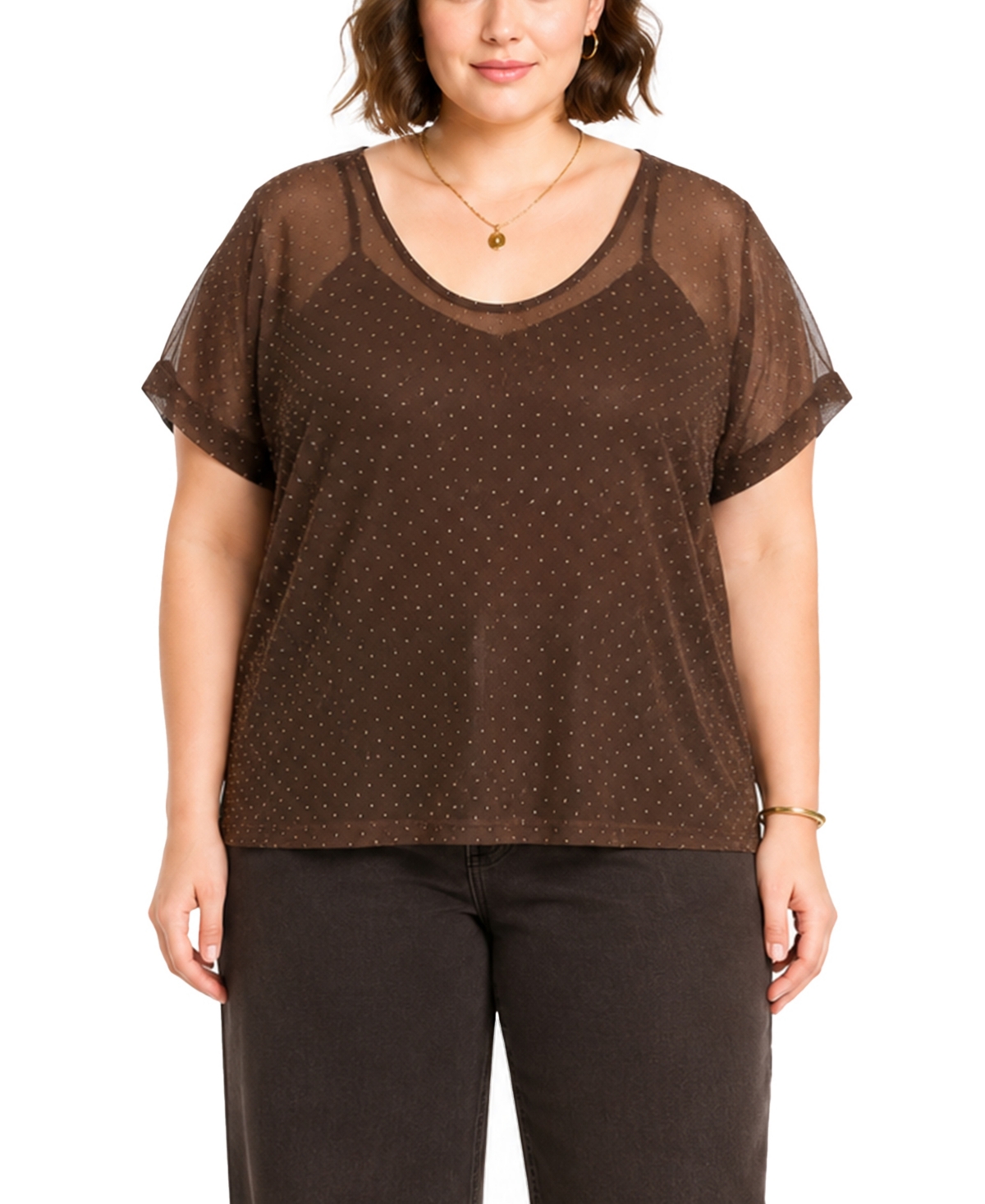 Click here for Coin 1804 Plus Size Foil Drop V-Neck Top - Brown G... prices