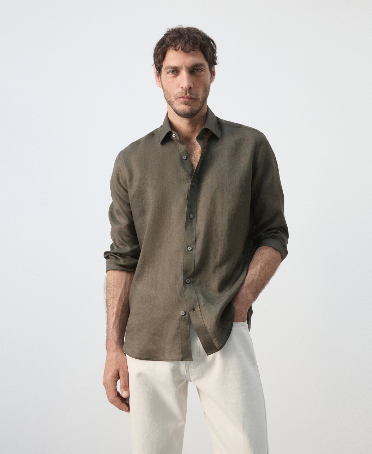 Click here for Mango Mens Regular-Fit Linen Shirt - Medium Green prices