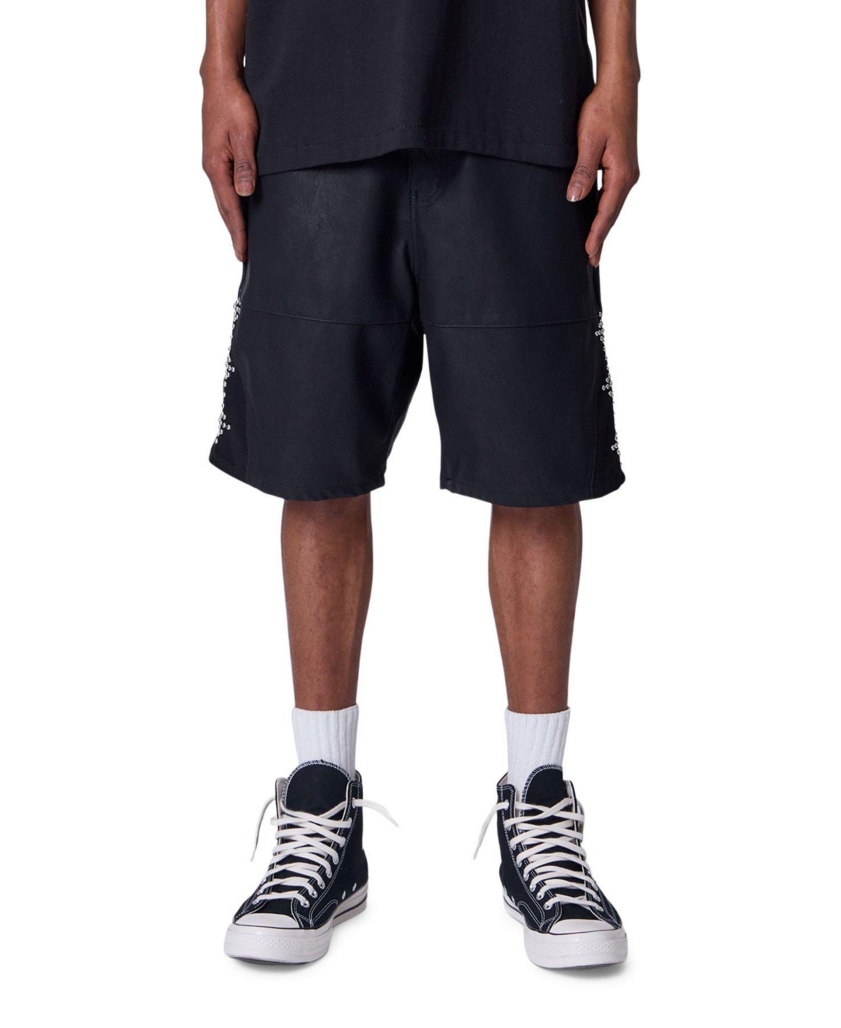 Click here for mnml Mens Ultra Baggy Stud Leather Shorts - Black prices