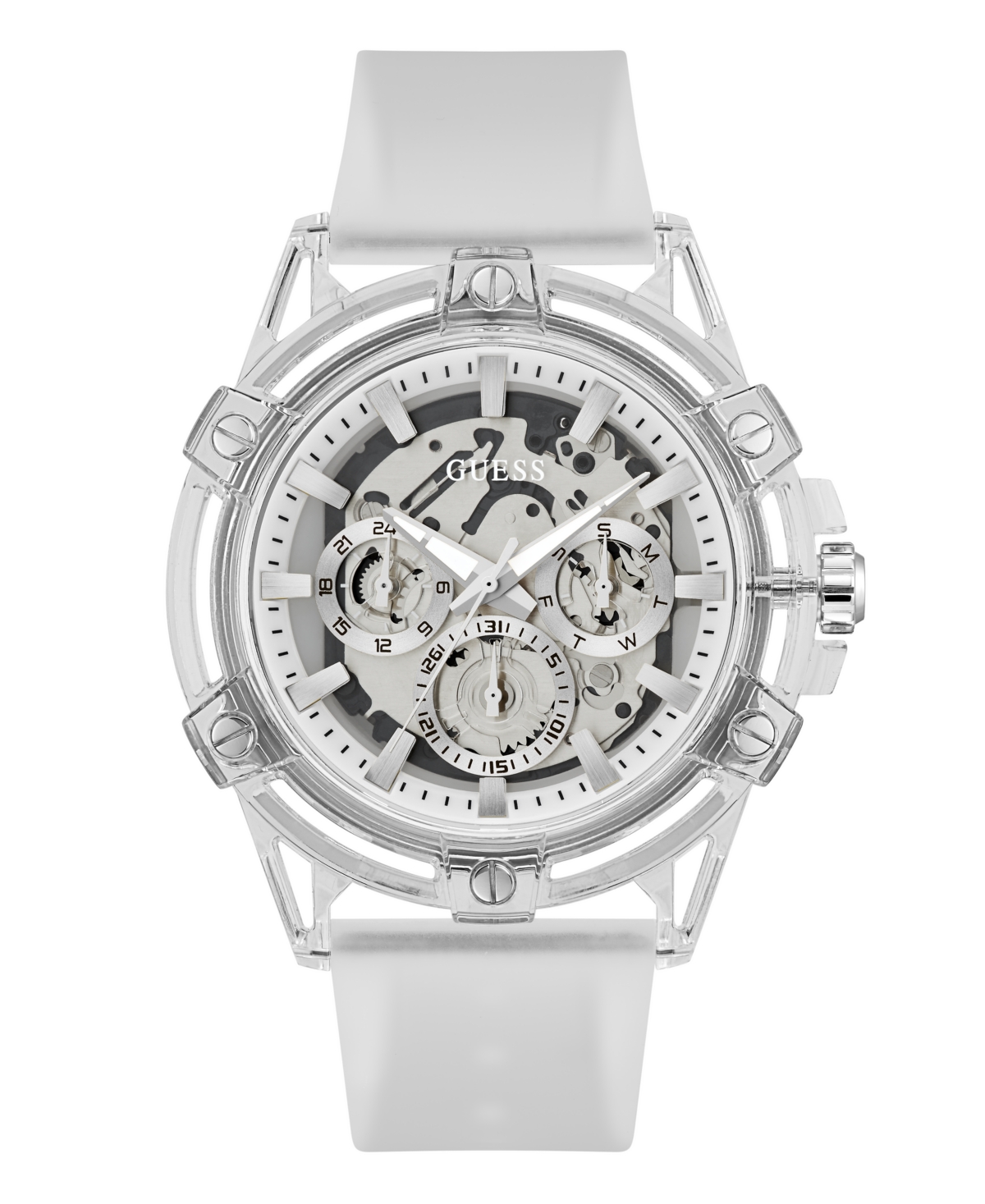 Click here for Guess Mens Quartz Clear Silicone Strap Watch 48mm... prices