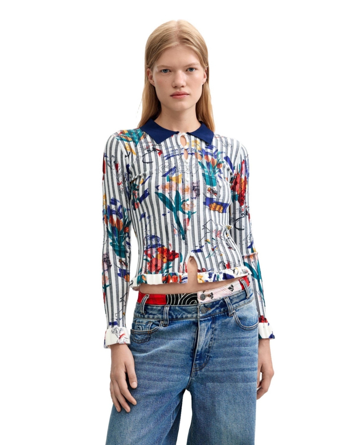 Click here for Desigual Womens Floral Sweater Shirt Collar - Whit... prices