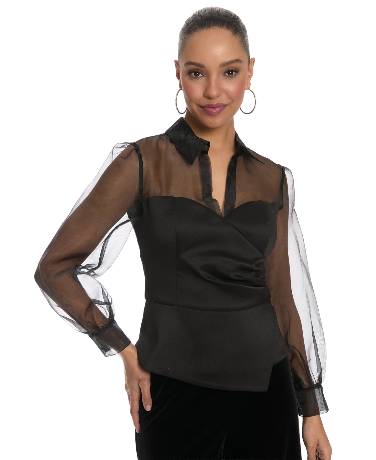 Click here for Muse Womens Mikado Sheer Yoke Top - Black prices