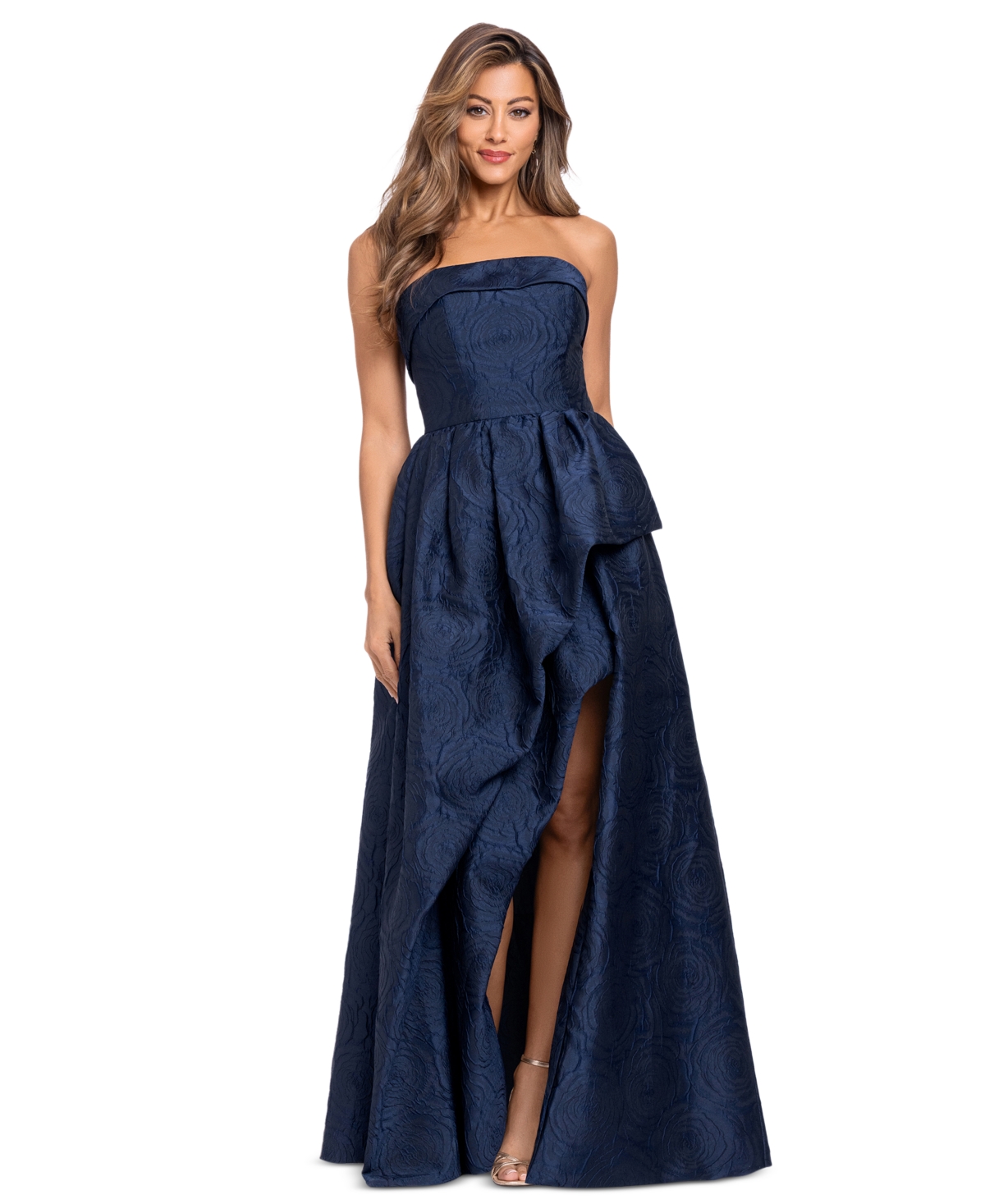 Click here for Xscape Womens Brocade Strapless Ruffle Gown - Navy prices