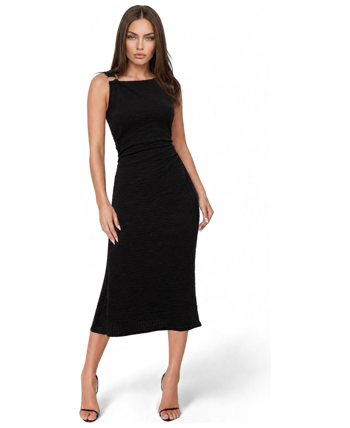Click here for Bebe Womens Waffle Crepe Shirred Maxi Dress - Blac... prices