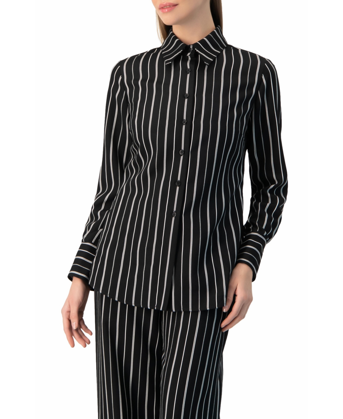 Click here for Ivonne Womens Pinstripe Fitted Long-Sleeve Button-... prices