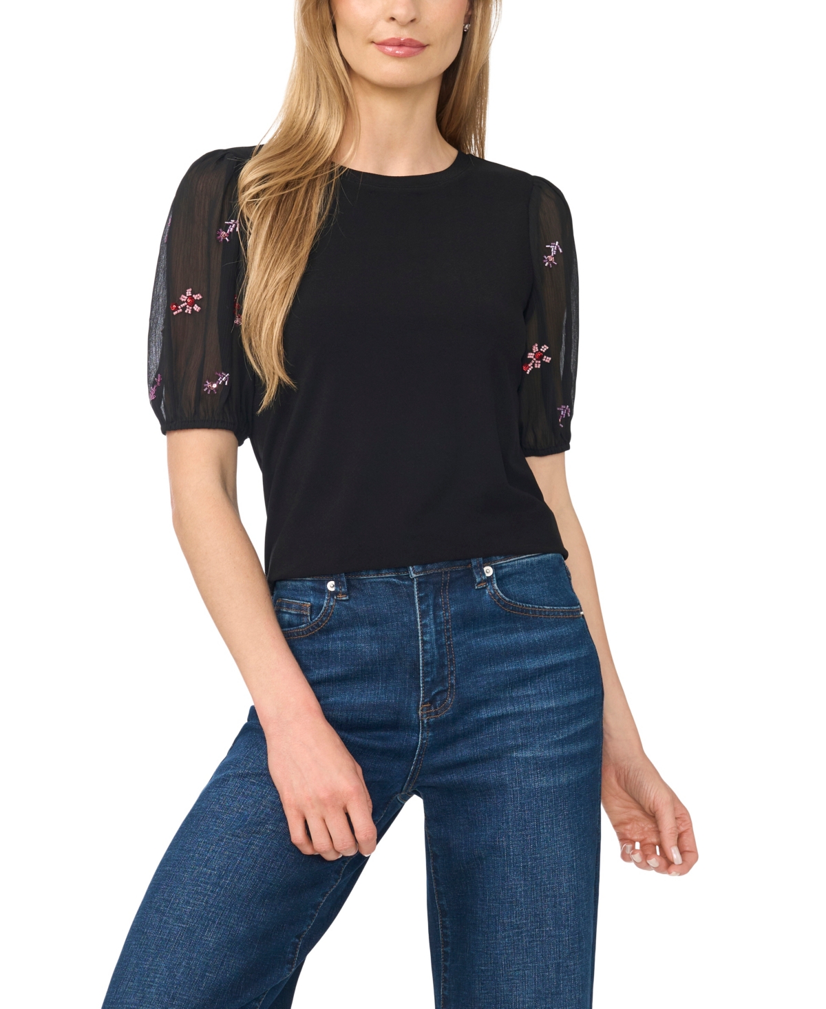 Click here for CeCe Womens Beaded Sleeve Mixed Media Crewneck Sho... prices
