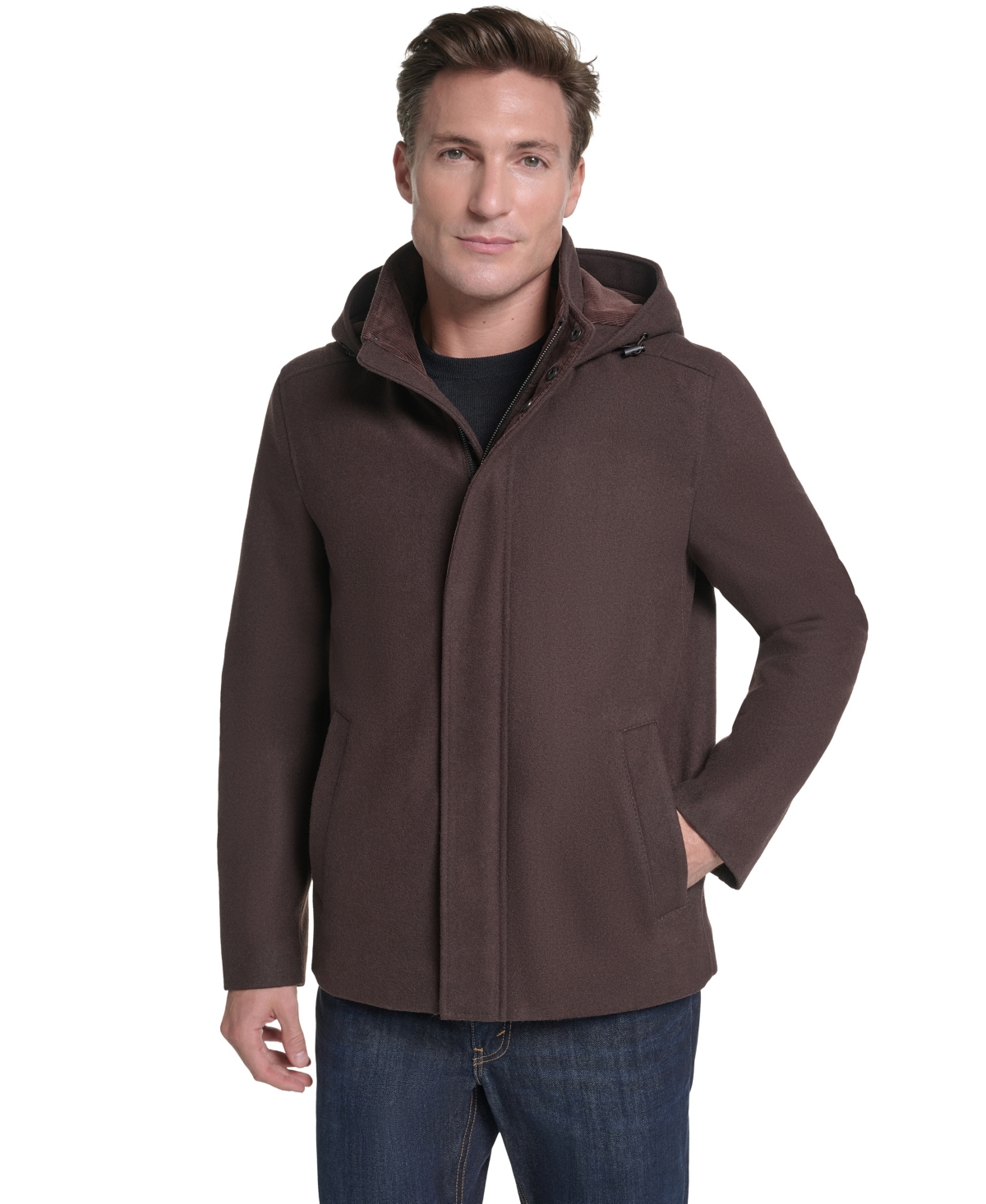 Click here for Cole Haan Mens Front-Zip Duffel Wool Jacket - Brow... prices