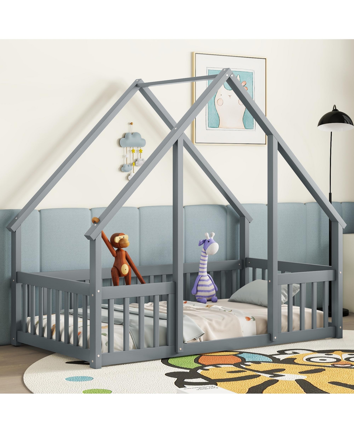 Click here for Sailvan Twin Wood House-Shaped Floor Bed with Fenc... prices
