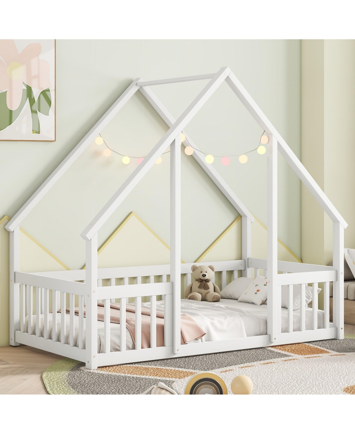 Click here for Sailvan Twin Wood House-Shaped Floor Bed with Fenc... prices