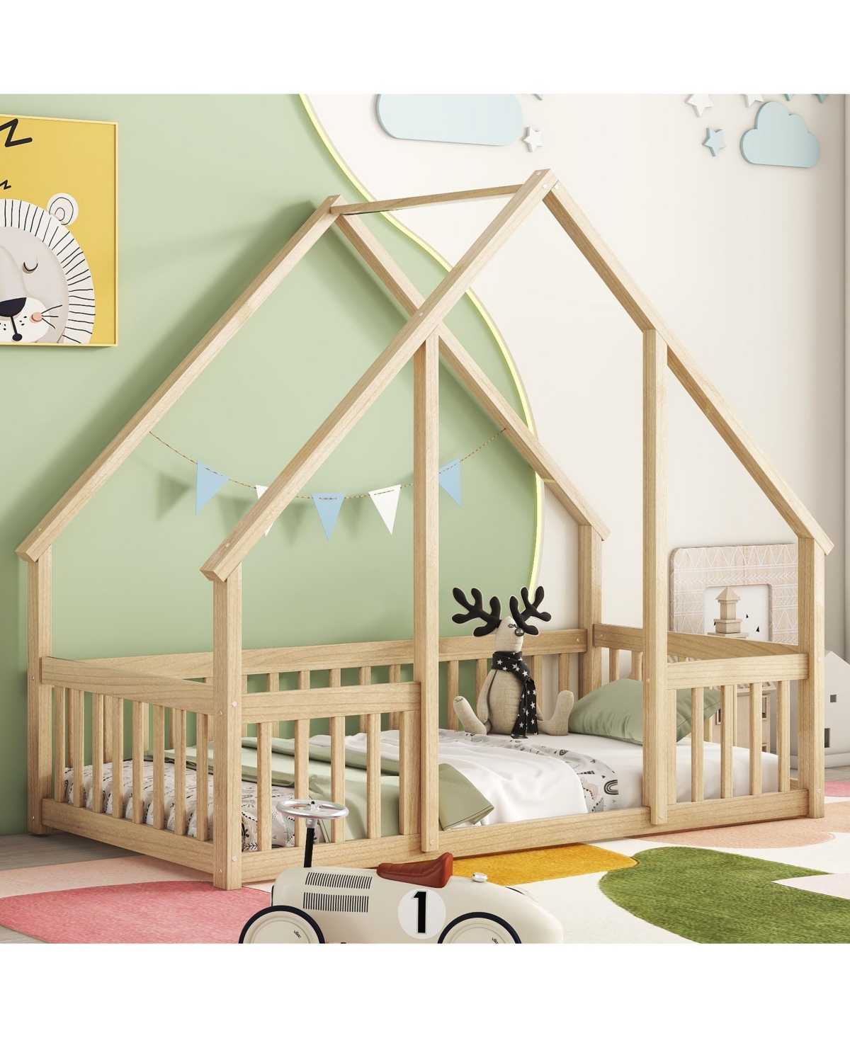 Click here for Sailvan Twin Wood House-Shaped Floor Bed with Fenc... prices