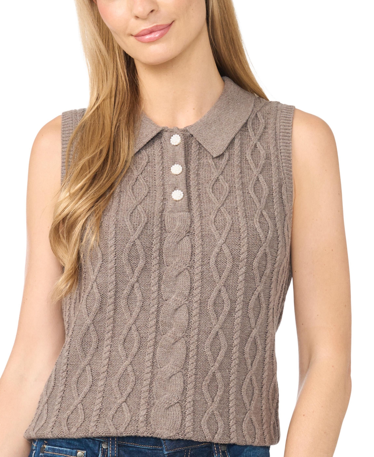 Click here for CeCe Womens Cable Knit Collared Sleeveless Sweater... prices