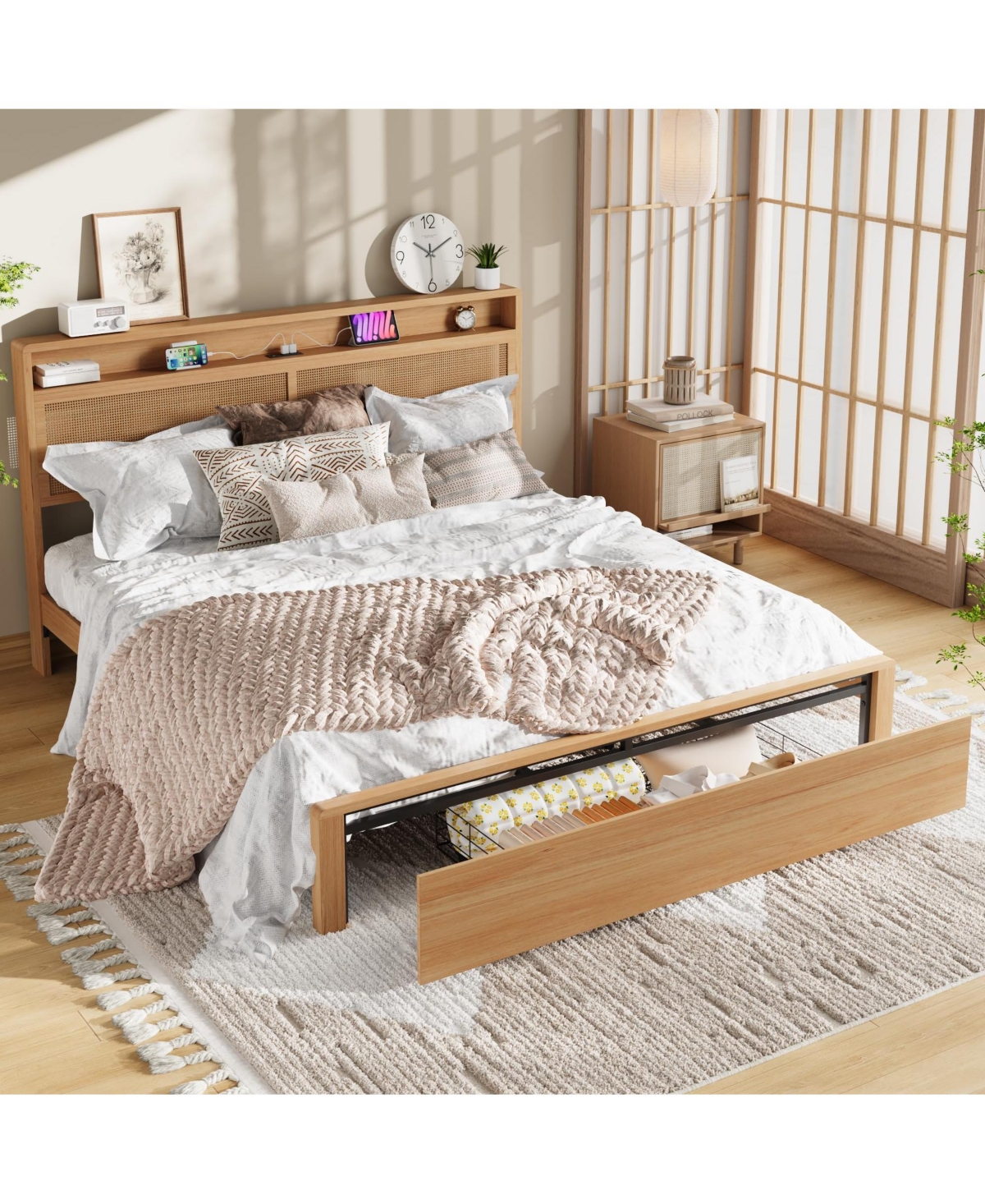 Click here for homfan Wooden Rattan Bed Frame Bohemian with Stora... prices