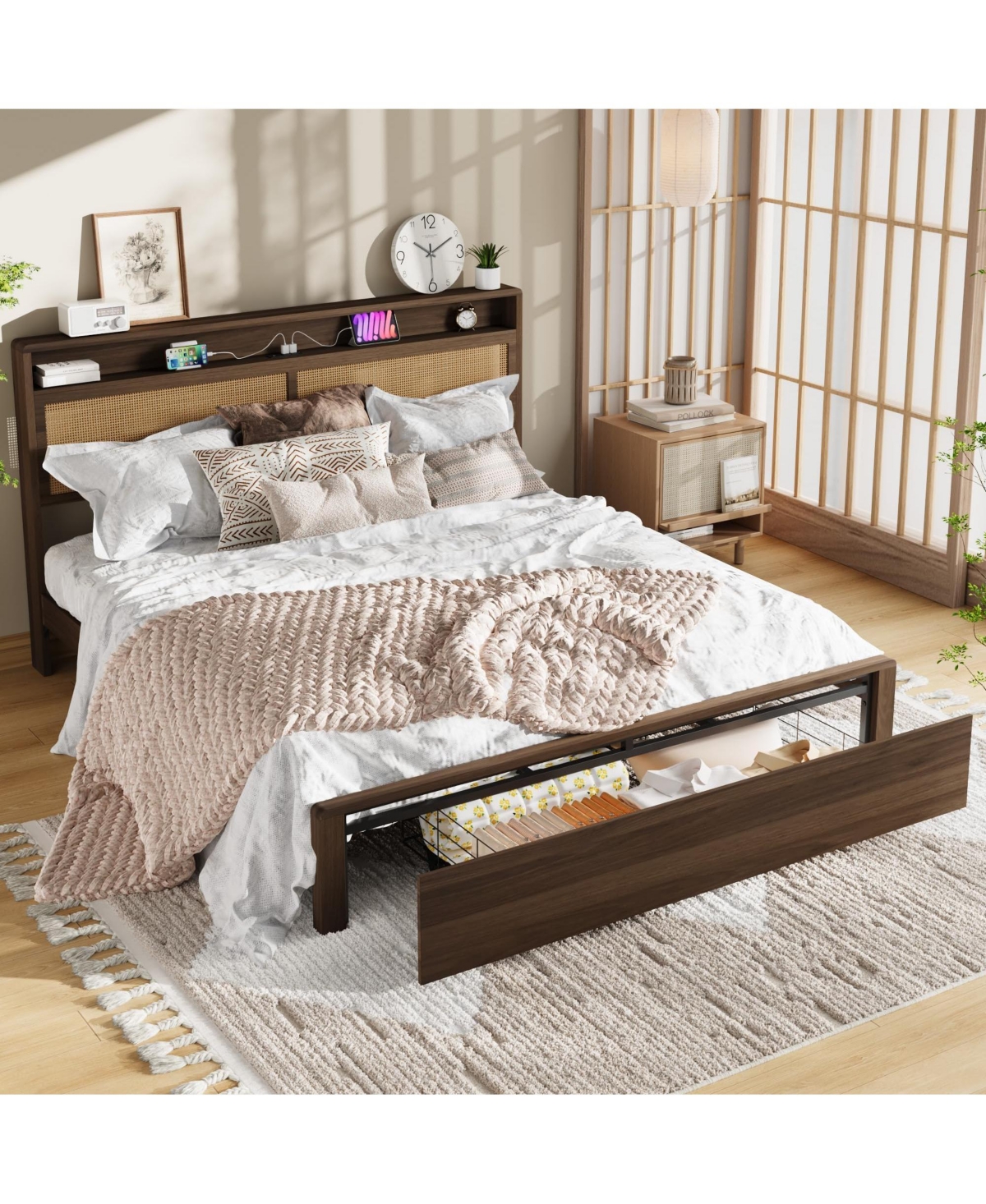 Click here for homfan Wooden Rattan Bed Frame Bohemian with Stora... prices