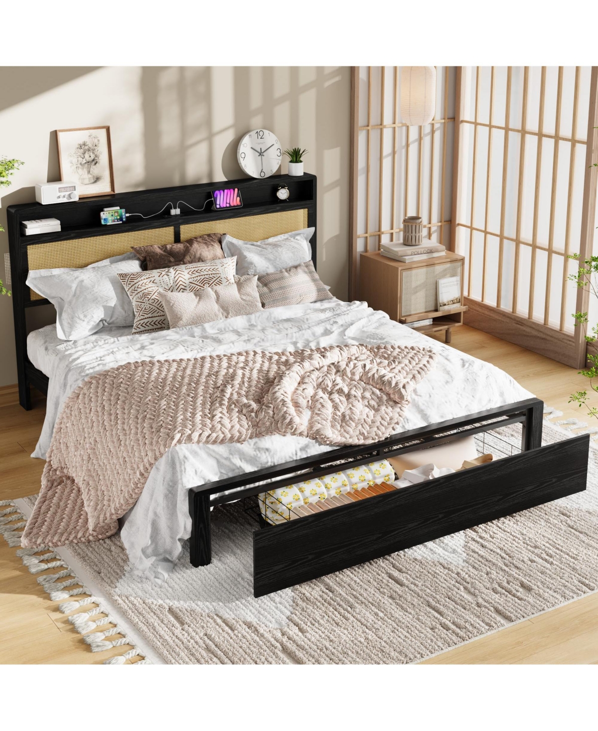 Click here for homfan Wooden Rattan Bed Frame Bohemian with Stora... prices