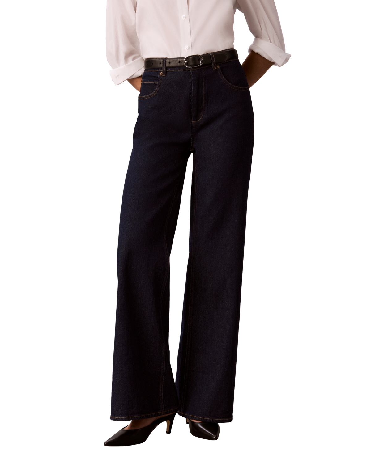 Click here for Calvin Klein Womens High-Rise Wide-Leg Flare Jeans... prices