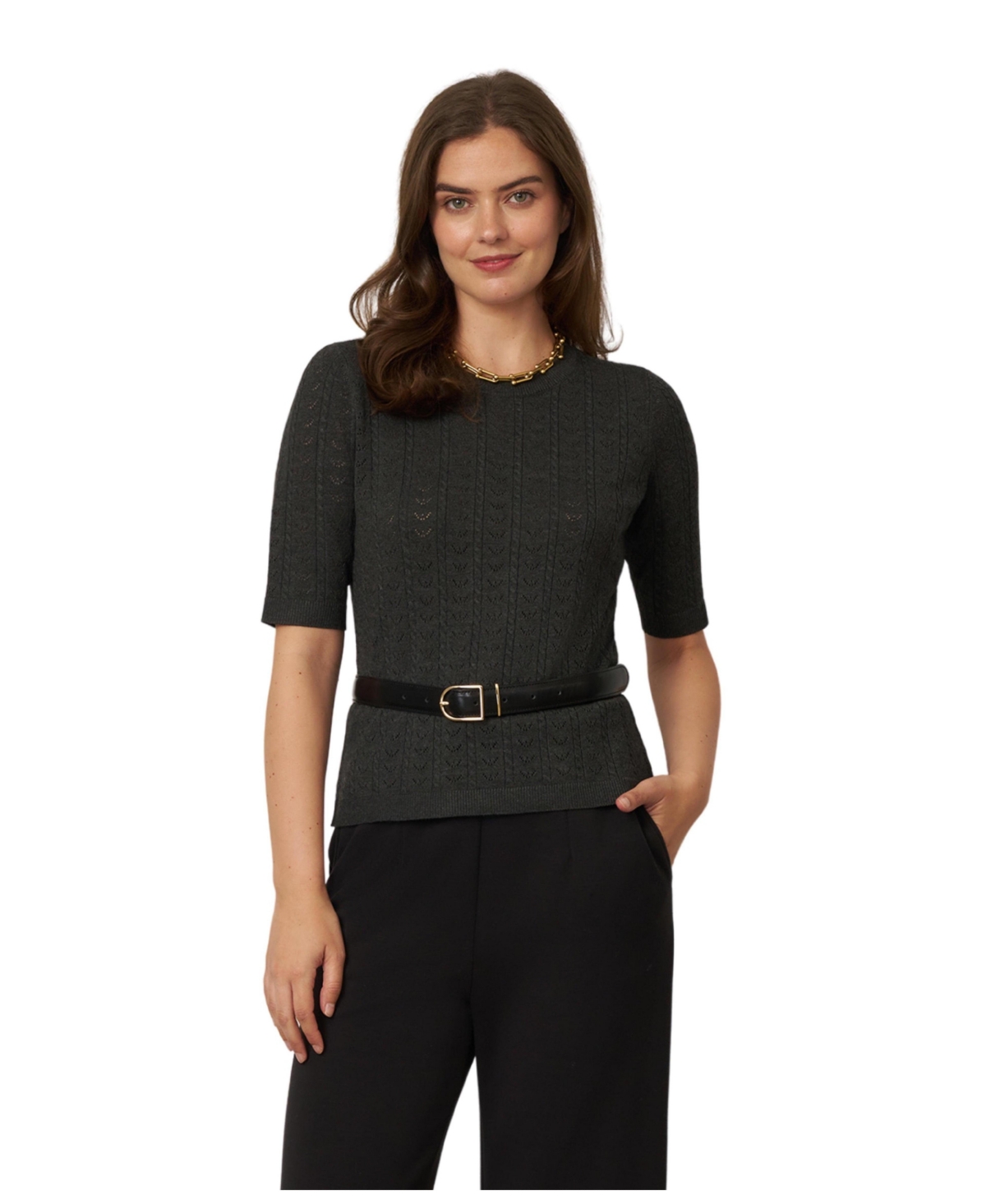 Click here for Cable & Gauge Womens Pointelle Stitch Jewel Neck S... prices