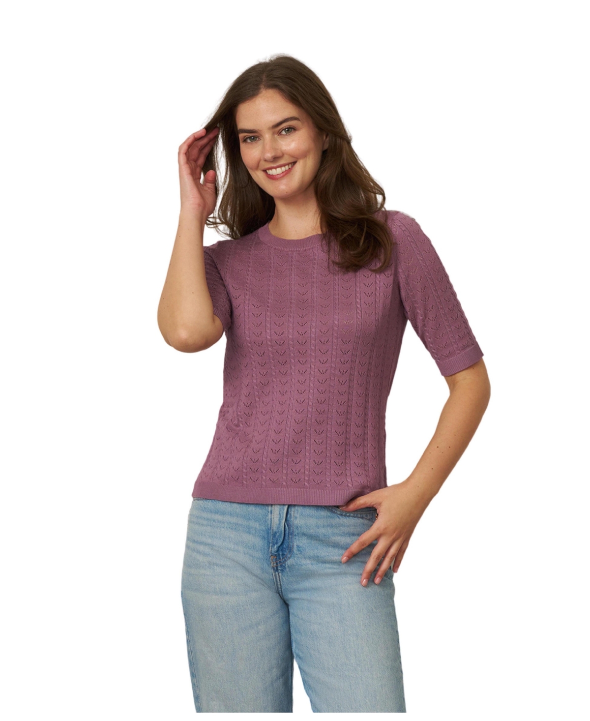 Click here for Cable & Gauge Womens Pointelle Stitch Jewel Neck S... prices