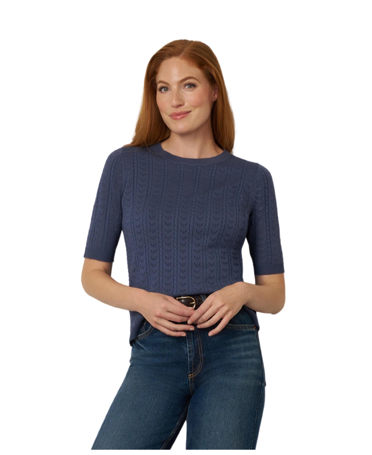 Click here for Cable & Gauge Womens Pointelle Stitch Jewel Neck S... prices