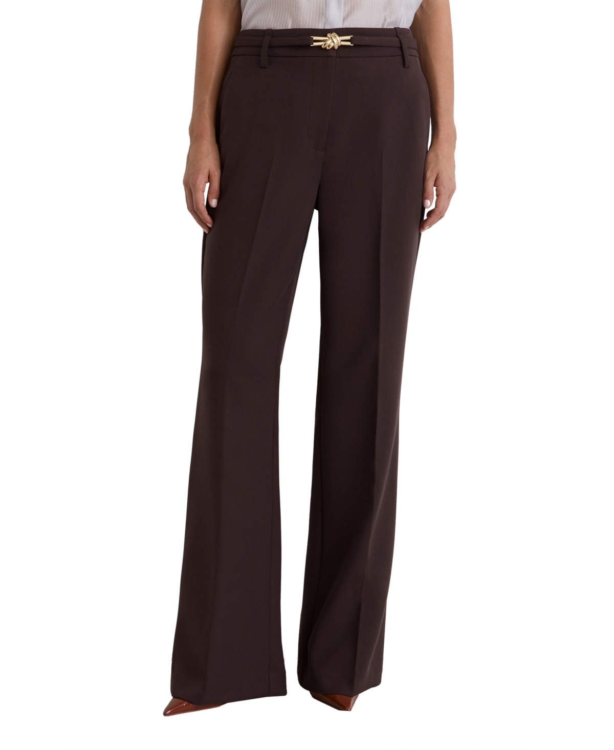 Click here for Reiss Womens Leona Flared Belted Trousers - Grape prices