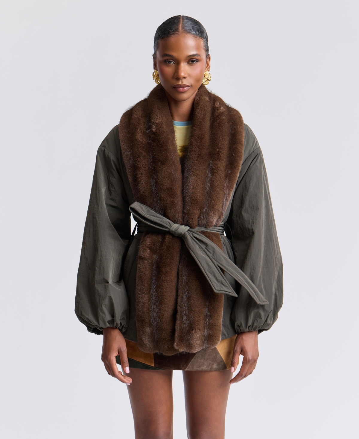 Click here for Avec Les Filles Womens Belted Faux-Fur-Trim Shawl... prices