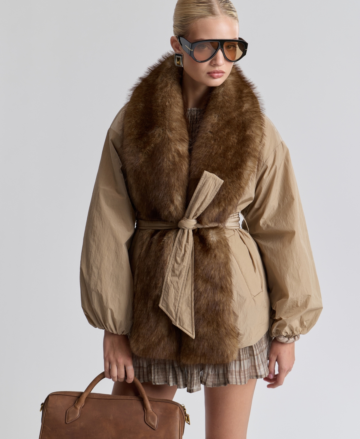 Click here for Avec Les Filles Womens Belted Faux-Fur-Trim Shawl... prices
