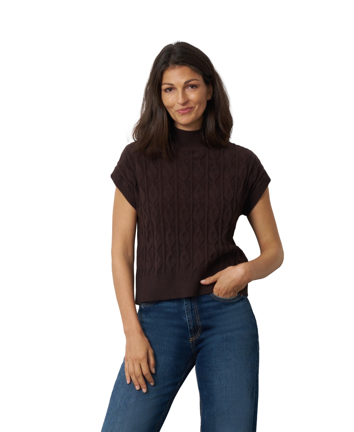 Click here for Cable & Gauge Womens Leaf Cable Sleeveless Mock Ne... prices
