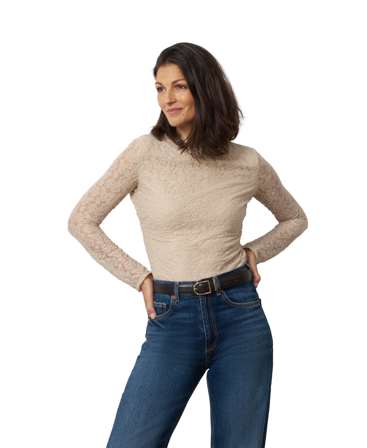 Click here for Cable & Gauge Womens Lace Knit Funnel Neck Shirred... prices