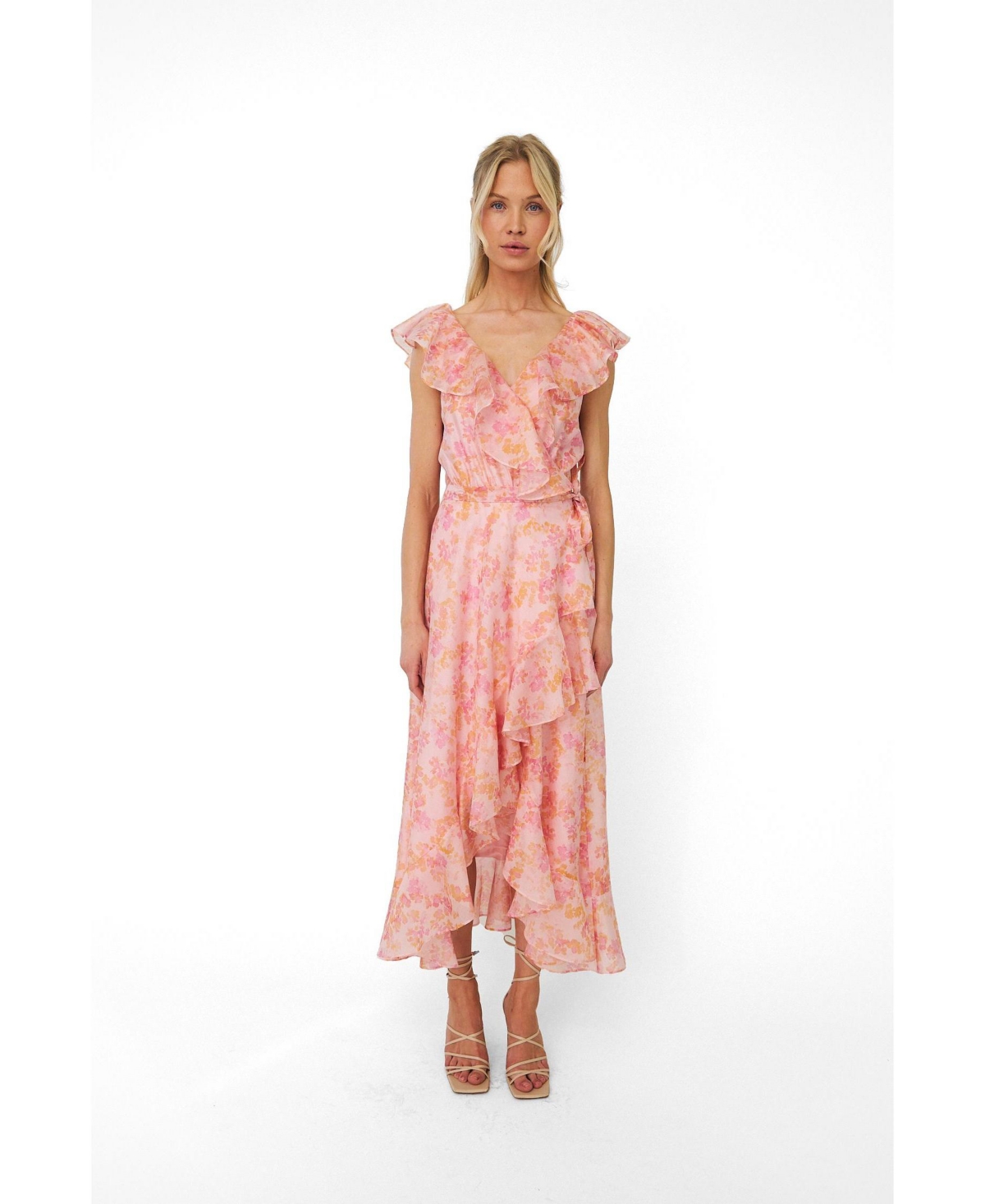 Click here for Cras Womens Landon Floral-Print Wrap Ruffle Midi D... prices